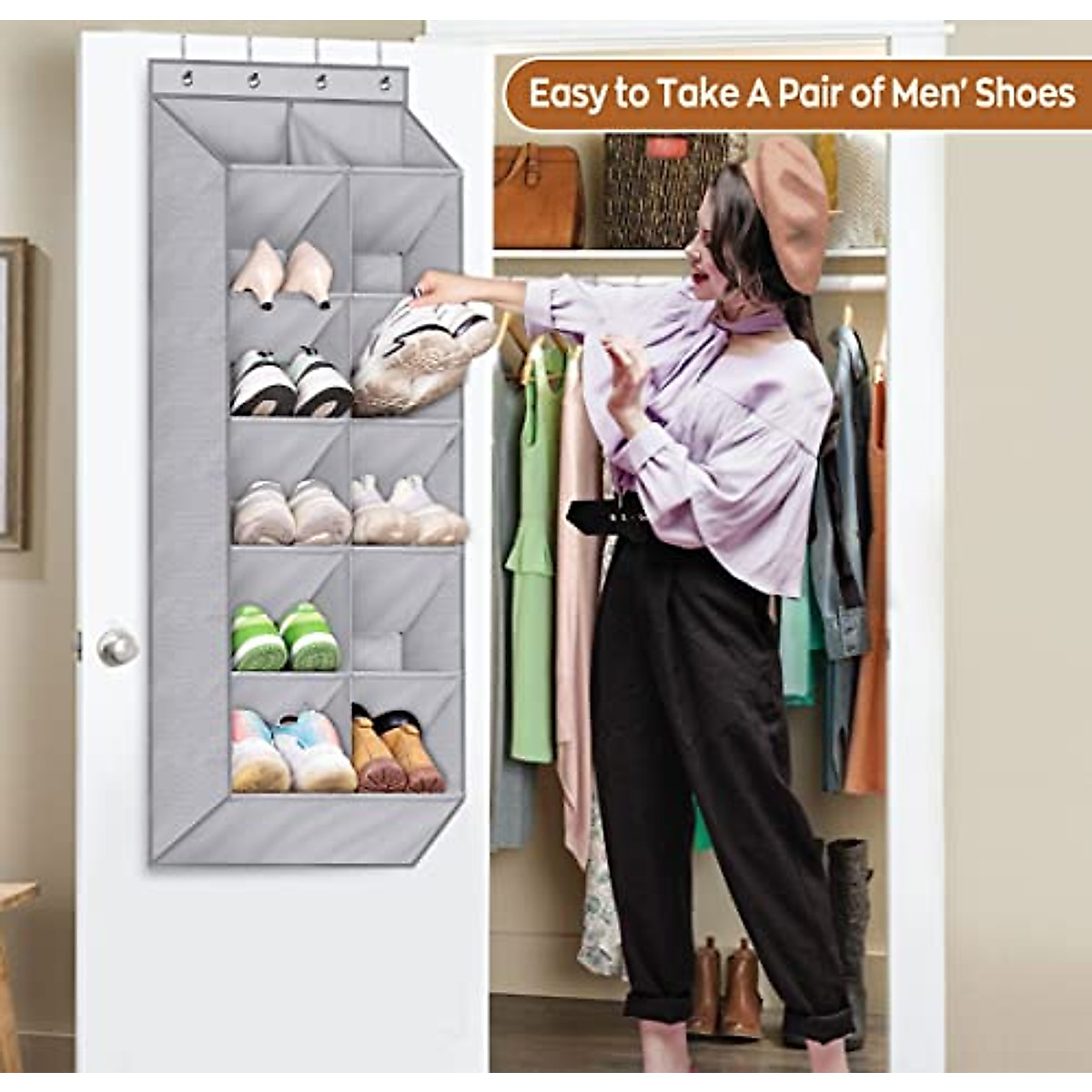 SLEEPING LAMB 2 Tier Metal Long Shoe Rack for Closet and Over The Door Shoe Rack Fit Narrow Door for 12 Pairs Sneakers, Boots, Grey