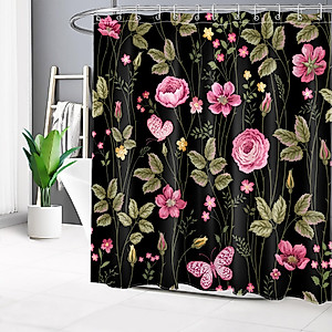 LB Watercolor Floral Shower Curtain for Bathroom, Pink Flower Butterfly and Sage Green Leaf on Black Fabric Shower Curtain with Hooks, Nature Plant Botanical Bathroom Curtain Shower Set, 72"W x 78"L
