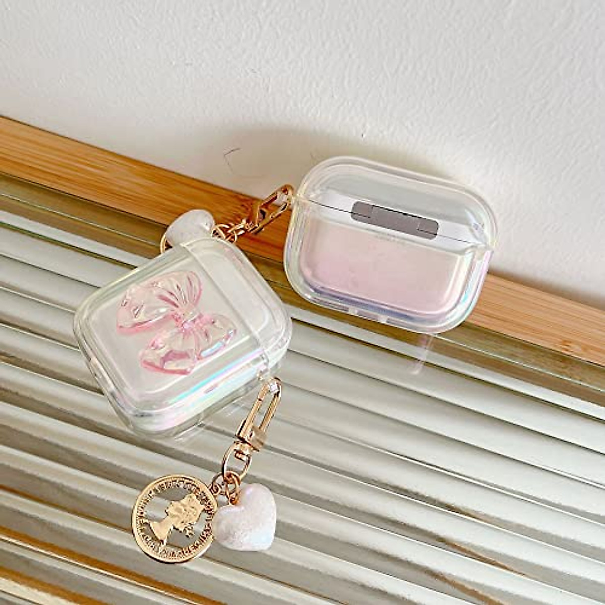 Ownest Compatible with AirPods Case Cute Clear Gradual Laser Bow Pattern Girls Woman Soft Silicone Shockproof Love Heart Keychain Design Cover for AirPods Pro-Transparent