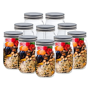 DISCOUNT PROMOS Mason Jars with Lids 16 oz. Set of 10, Bulk Pack - Glass Jars for Overnight Oats, Candies, Fruits, Pickles, Spices, Beverages - Clear Bottom Color