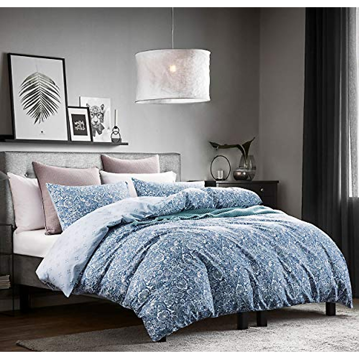 SLEEPBELLA Duvet Cover King, 600 Thread Count Cotton Blue & Green Paisley Floral Pattern Reversible Comforter Cover