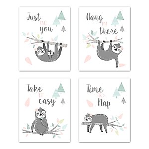 Sweet Jojo Designs Pink Grey Jungle Sloth Leaf Wall Art Prints Room Decor for Baby Nursery Kids - Set of 4 - Hang In There, Take it Easy, Blush Turquoise Gray Green Tropical Botanical Rainforest