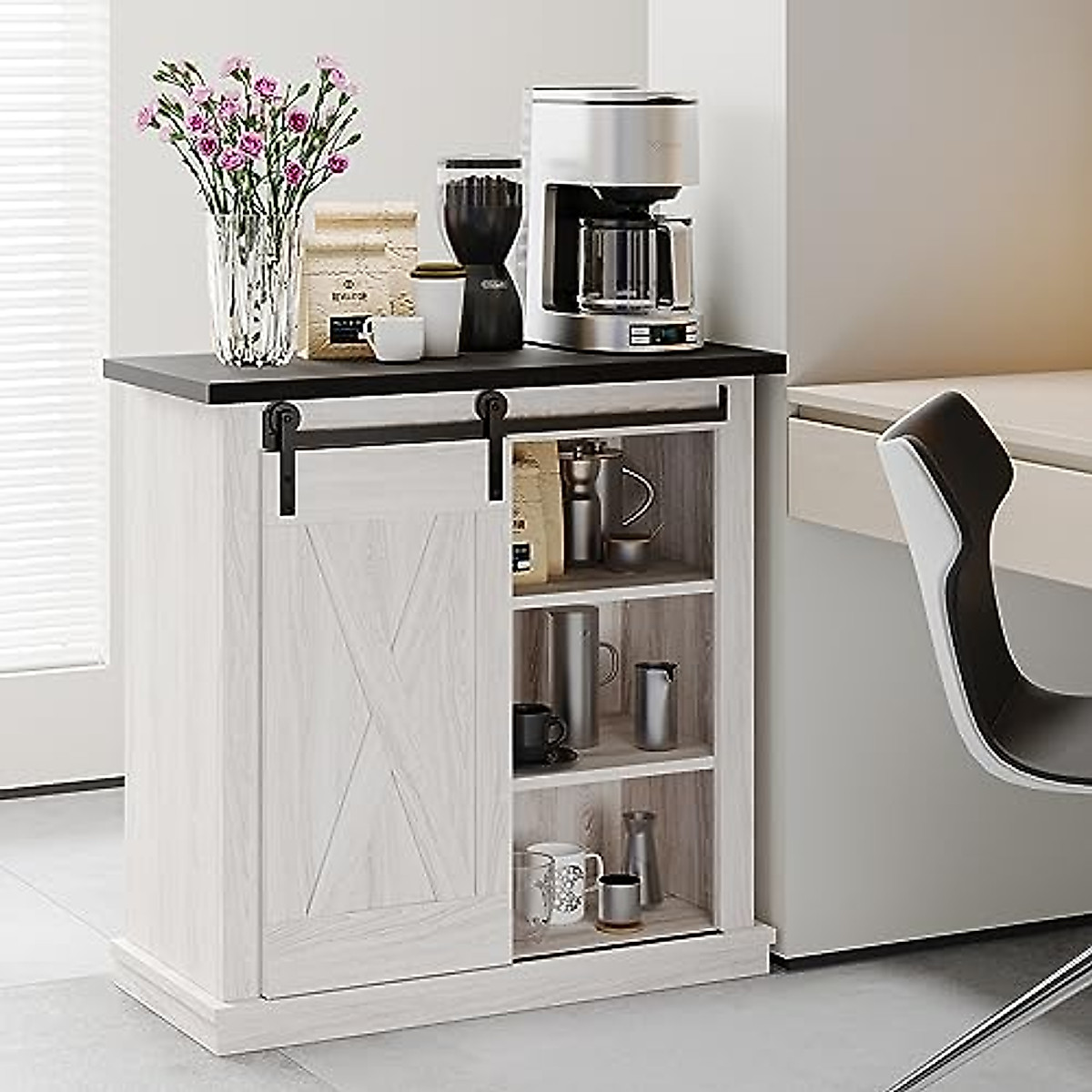 OLD CAPTAIN 32" Farmhouse Coffee Bar, Wooden Coffee Bar Cabinet with Sliding Barn Door, Kitchen Storage Cabinet with Adjustable Storage Shelves for Kitchen, Dining, Living Room (White)