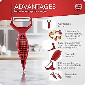 Börner Vegetable Peeler (6-in-1) • Garnishing Peeler with Grater • Multifunctional Peeler for Fruits & Vegetables • Fruit Peeler, Universal Peeler, Potato Peeler • Color: Red