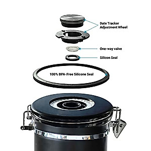 ALPACA VENTURES Stainless Steel Coffee Canister - Airtight Kitchen Food Storage Container with Date Tracker, CO2-Release Valve and Measuring Scoop For Ground Coffee, Beans, Tea, Sugar, Large (Black)