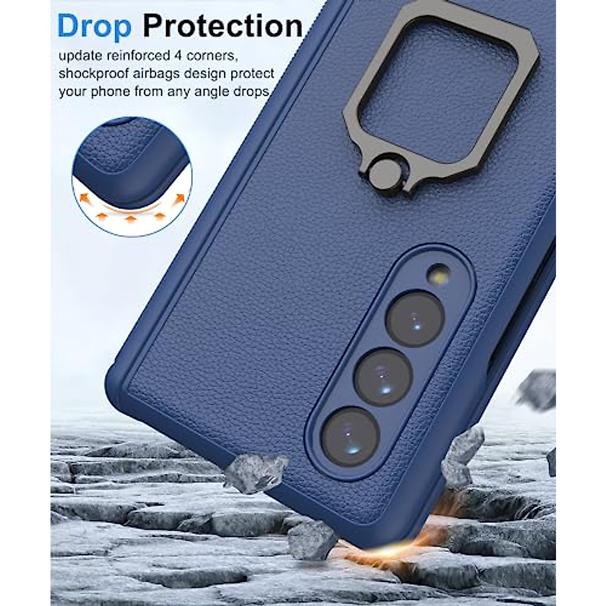 ATATOO for Samsung Galaxy Z Fold 3 Case, Z Fold3 Case Built-in Screen Protector & Hinge Protection & Kickstand, Durable Anti-Scratch Full Body Protection Leather Phone Case for Galaxy Z Fold 3,Blue