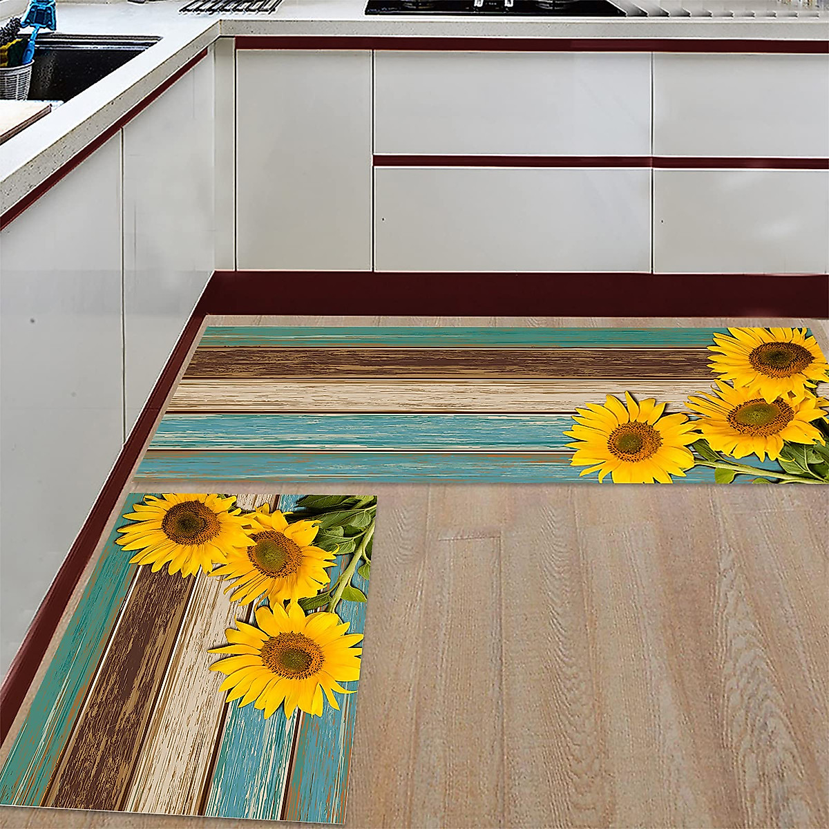 Housein Kitchen Rugs and Mats Non Skid Washable, Wooden Texture Sunflower Absorbent Floor Runner Rugs and Carpets for Kitchen, Lau 15.7x23.6 inch+15.7x47.2 inch