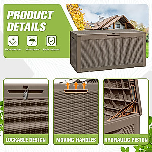 GUNJI 100 Gallon Outdoor Storage Box Waterproof Large Resin Deck Box Patio Storage Bench Lockable Storage Container for Outdoor Cushions, Pool Supplies and Garden Tools (Khaki)