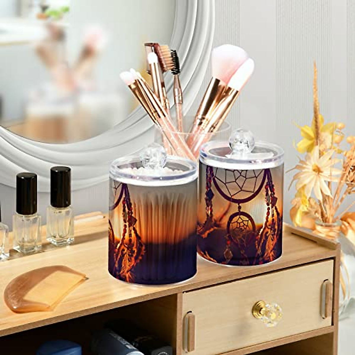 ODAWA Boho Ethnic 4 Pack Qtip Holder Dispenser with Lids, 10 oz Plastic Apothecary Jar Containers, Bathroom Accessories Set for Cotton Swab, Ball, Pads, Floss