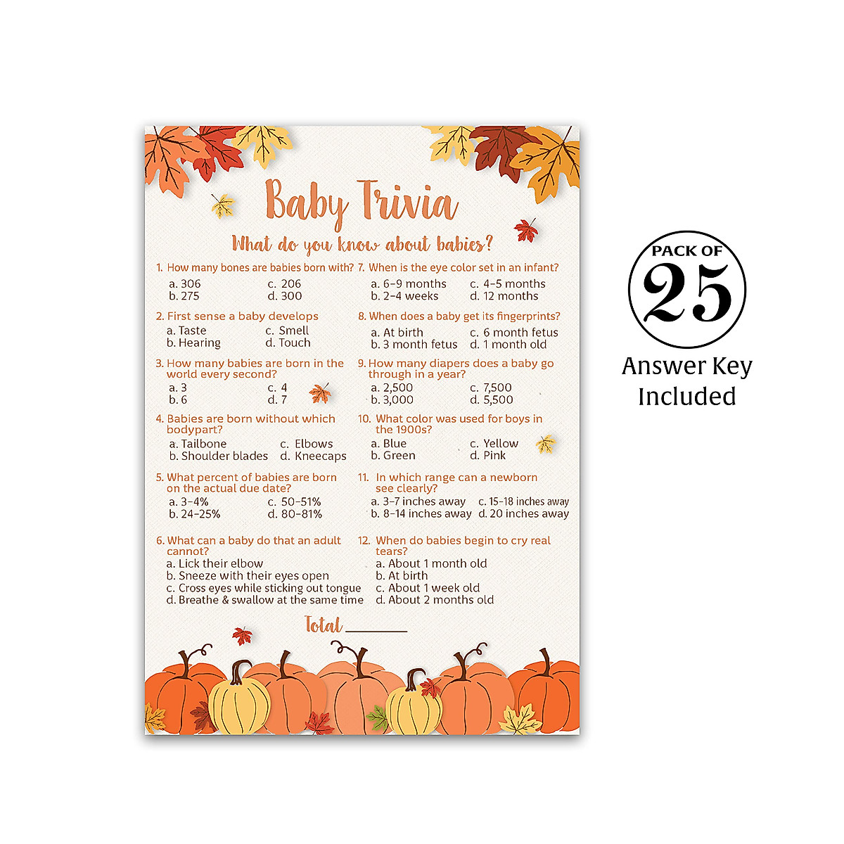 PUMPKINS Baby Shower Game, BABY TRIVIA Game — Pack of 25 — FALL Baby Shower Games, Rustic GENDER NEUTRAL Baby Shower Games, Little Pumpkin Autumn Fall Baby Halloween baby party games, SKU G330-TRV