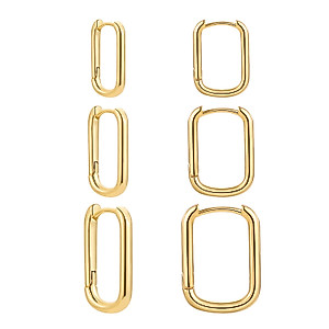 Sloong 3pairs Hoop Earrings Set 14K Gold Plated Lightweight Hypoallergenic Chunky Square Hoop Earrings Gold Rectangle Earring for Women Gift