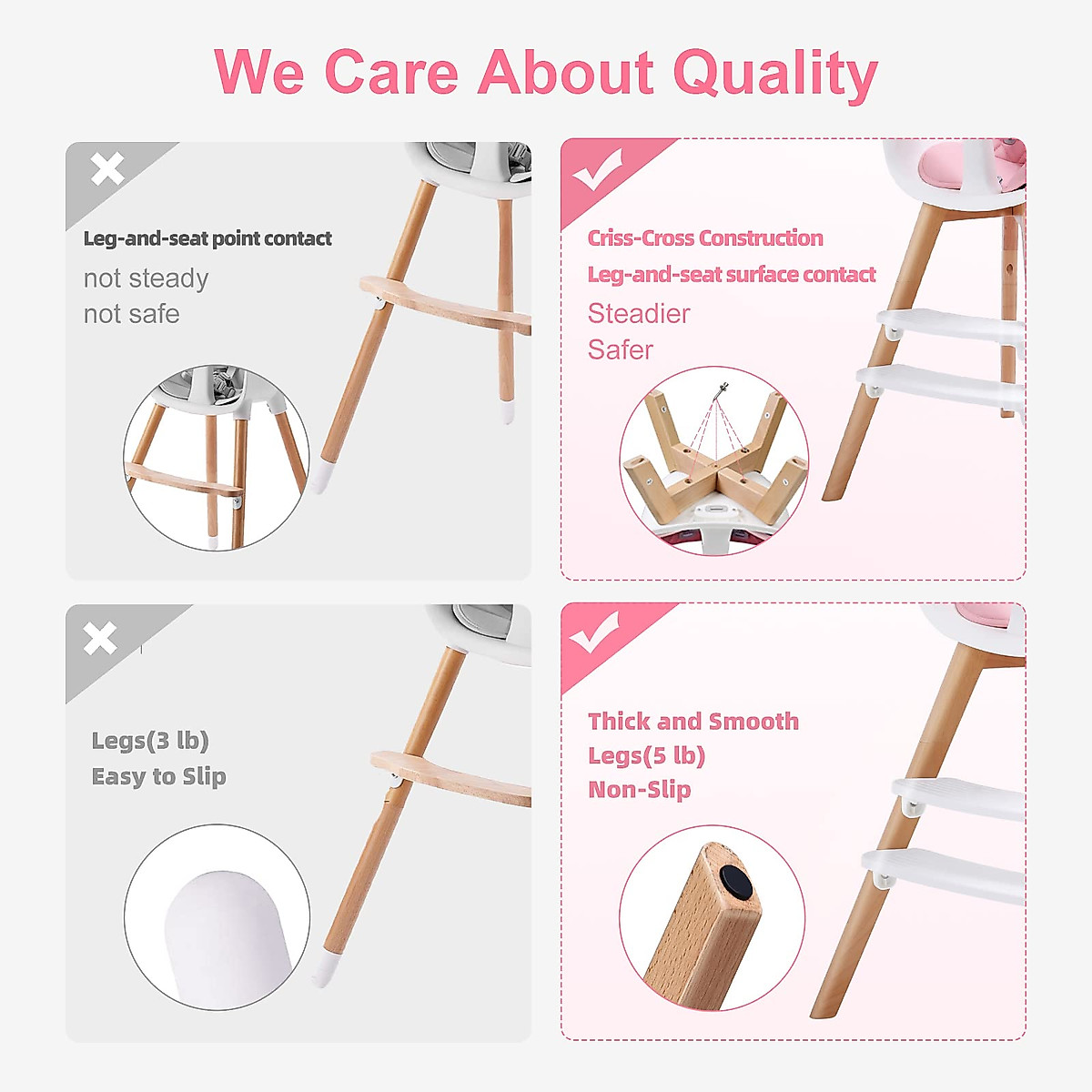 PAPAMIA Baby High Chair, Detachable Infant Feeding Dining Chair, 2-Level Height Adjust Easy-to-Clean Baby Chair with Safety Buckle and Detachable Dinner Plate, for Home and Traveling (Pink)