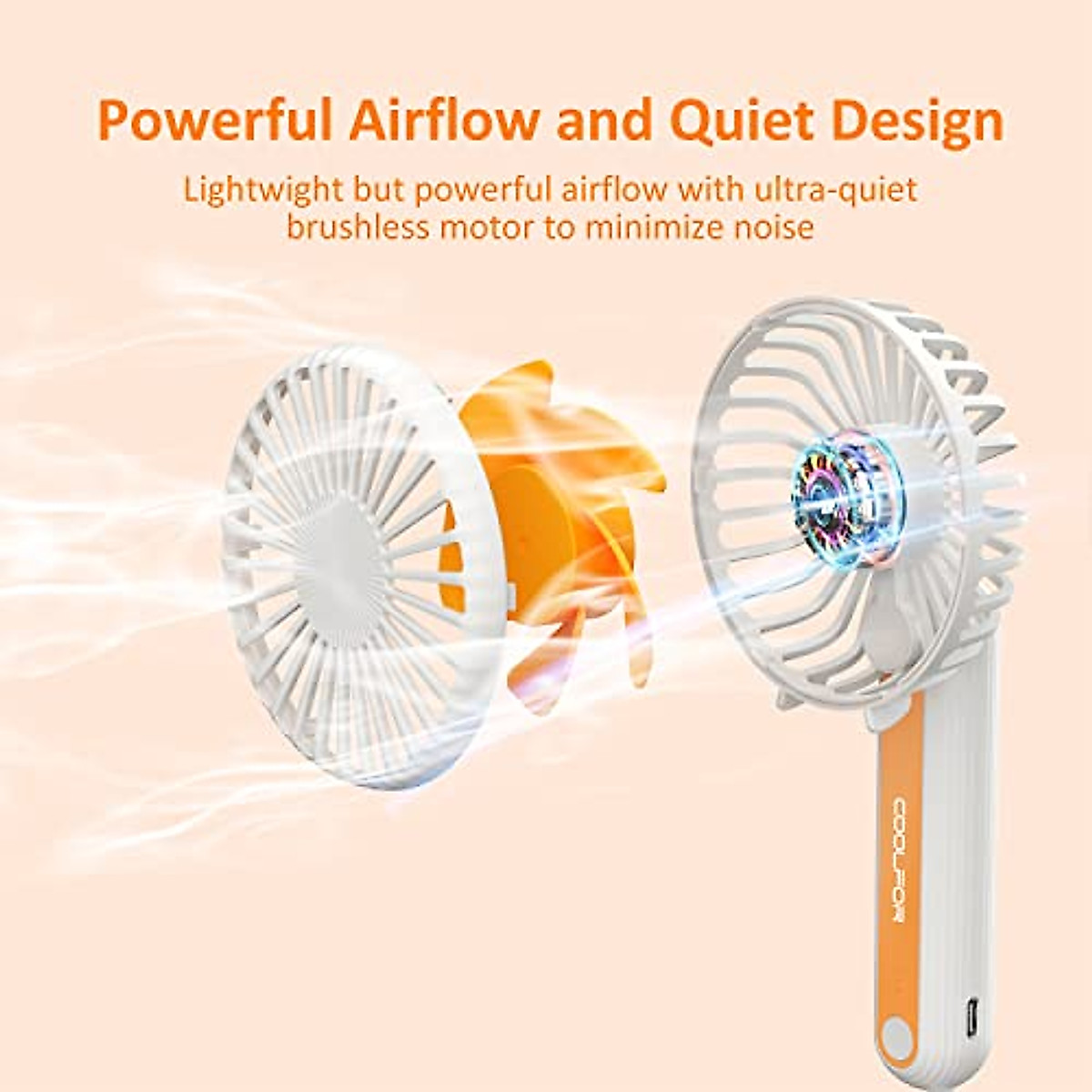 Coolfor Handheld Fan,USB Rechargeable Hand Fan with 2000mAh Battery Operated Small Fan with 3 Adjustable Speeds,180°Rotation Foldable Mini Fan for Office Desktop Picnic Shopping and Travel（White