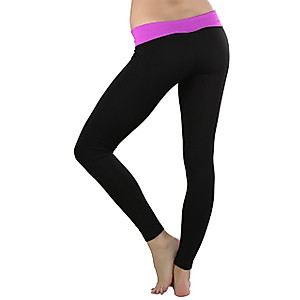 ToBeInStyle Women's Black Athletic Leggings with Fold-Over Contrast Waistband - Magenta
