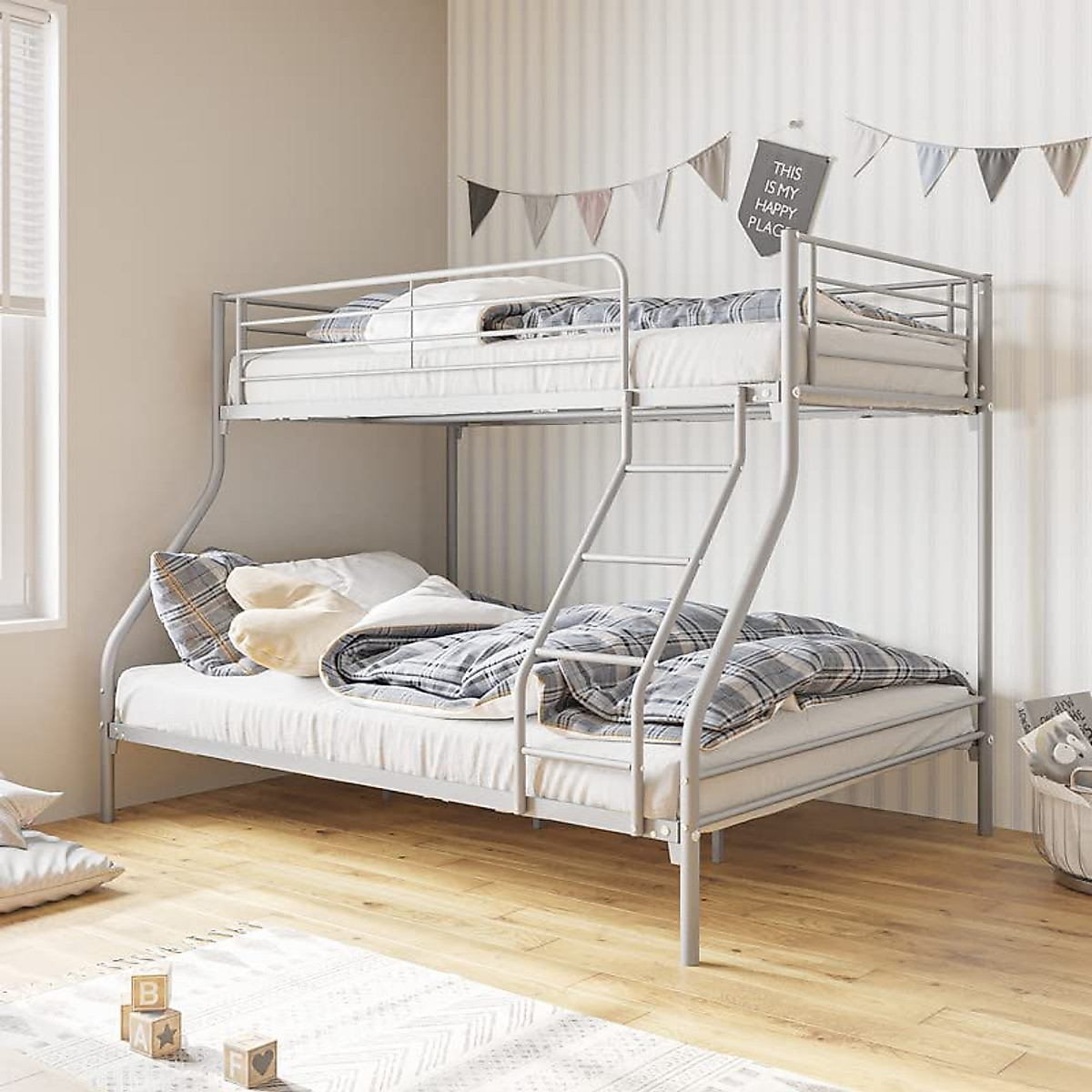Twin Over Full Metal Bunk Bed, Heavy Duty Bunk Beds for Bedroom, Metal Bed Frame with Ladders and Guard Rails, for Students Staff Dormitory