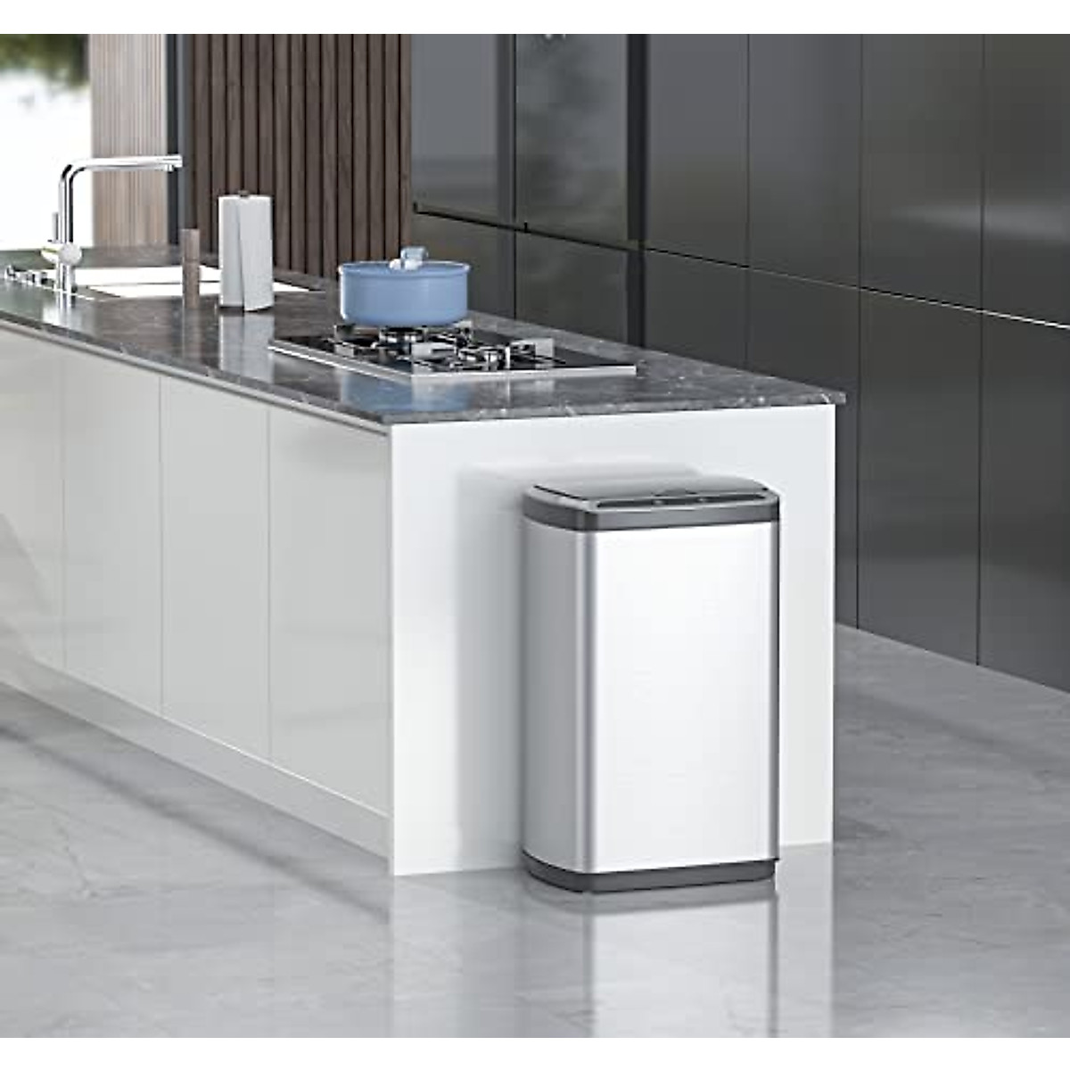 ELPHECO 50 Liter / 13.2 Gallon Rectangular Kitchen Trash Can, Brushed Stainless Steel Finish Motion Sensor Trash Can, Automatic Trash can for Kitchen, Living Room, Office, 3 AA Batteries (Excluded)