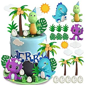 Dinosaur Cake Toppers Clay Dinosaurs Palm Leaves Dinosaur Eggs for Boy Girl Kid Birthday Baby Shower Dinosaur Theme Jungle Party Supplies (Multicolor)