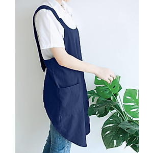 losofar Soft Cotton Linen Apron Cross Back X-Shaped Japanese Style Pinafore Dress for Cooking, Housewarming, Daily Chores (darkblue, (28.3"x 35.4"))