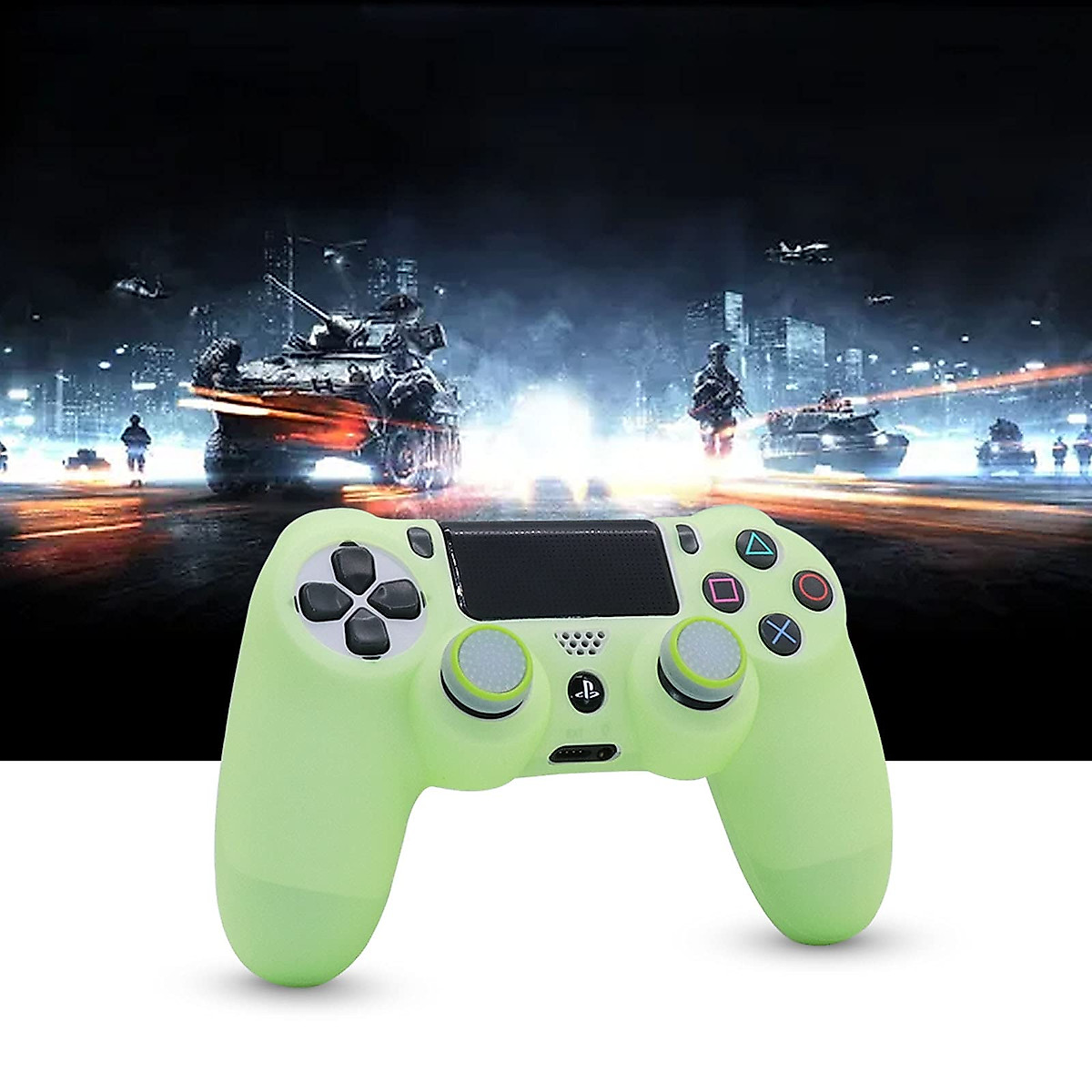 RALAN Controller Skin for PS4 Silicone Cover Glow in Dark Protective Case for PS4/slim/PS4 Pro Dualshock 4 Controller.+ 8 Glow Thumb caps and Back Sticker + L2 R2 Extended caps.