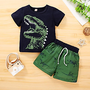 SEVEN YOUNG Toddler Baby Boy Summer Clothes Dinosaur Printed Short Sleeve T-Shirt Top + Short Pants 2pcs Boys Outfit Set (Green, 4-5 Years)