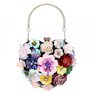 Heart Shape Purse Floral Clutch Purse for Women Mini Vintage Flower Evening Handbag Shoulder Bag (Black)