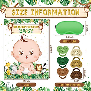 Faccito Pin the Pacifier on Baby Game Safari Jungle Baby Shower Game with Sage Green Animals Baby Poster Blindfold and 24 Pacifier Stickers for Baby Shower Birthday Party Decorations Supplies