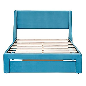 LCH Upholstered Platform Bed with a Big Drawer, Full Size Velvet Upholstered Platform Bed Frame with Headboard and Wood Slats Support, Full Size Storage Bed Frame for Boys Girls, Blue
