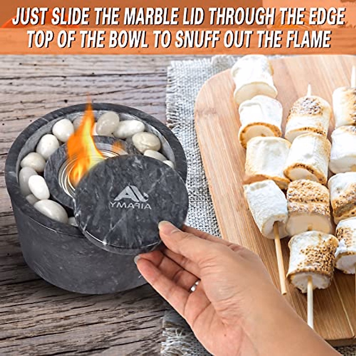 A AIFAMY Tabletop Fire Pit Marble Table Top Fire Pit Bowl, 7" Mini Personal Fireplace for Indoor and Outdoor, Smokeless Clean-Burning Bio Ethanol Fire Pit for Smore’s Maker(1.5h Burning Time)