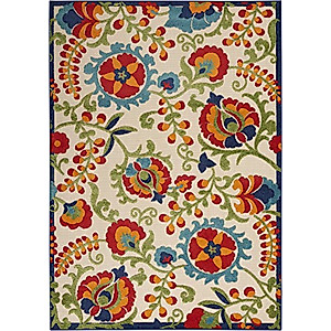 Nourison Aloha Indoor/Outdoor Multicolor 5'3" x 7'5" Area Rug, Tropical, Botanical, Easy -Cleaning, Non Shedding, Bed Room, Living Room, Dining Room, Deck, Backyard, Patio (5x7)