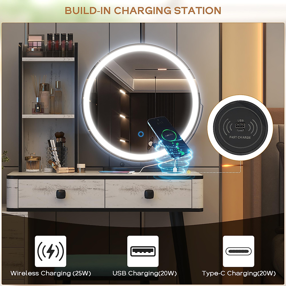 LVSOMT Vanity Desk with Mirror and Lights, Makeup Vanity Table with 3-color Lights & Charging Station, Vanity Set with 5 Drawers, Dressing Table with Stool for Women Girls (Wood White)