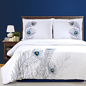 100% Cotton, 3-Piece King/California King, Single Ply, Soft, Embroidered Peacock Duvet Cover Set, Silver