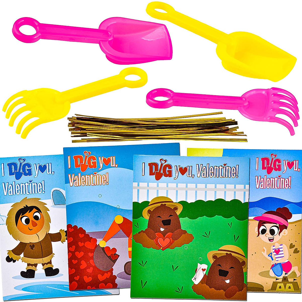 JOYIN 28 Packs Valentines Day Cards with Shovel Toys for Valentine Party Favor, Classroom Exchange Prize, Valentine’s Greeting Cards, Shovels and Rakes Beach Toys, “I DIG YOU Valentine”