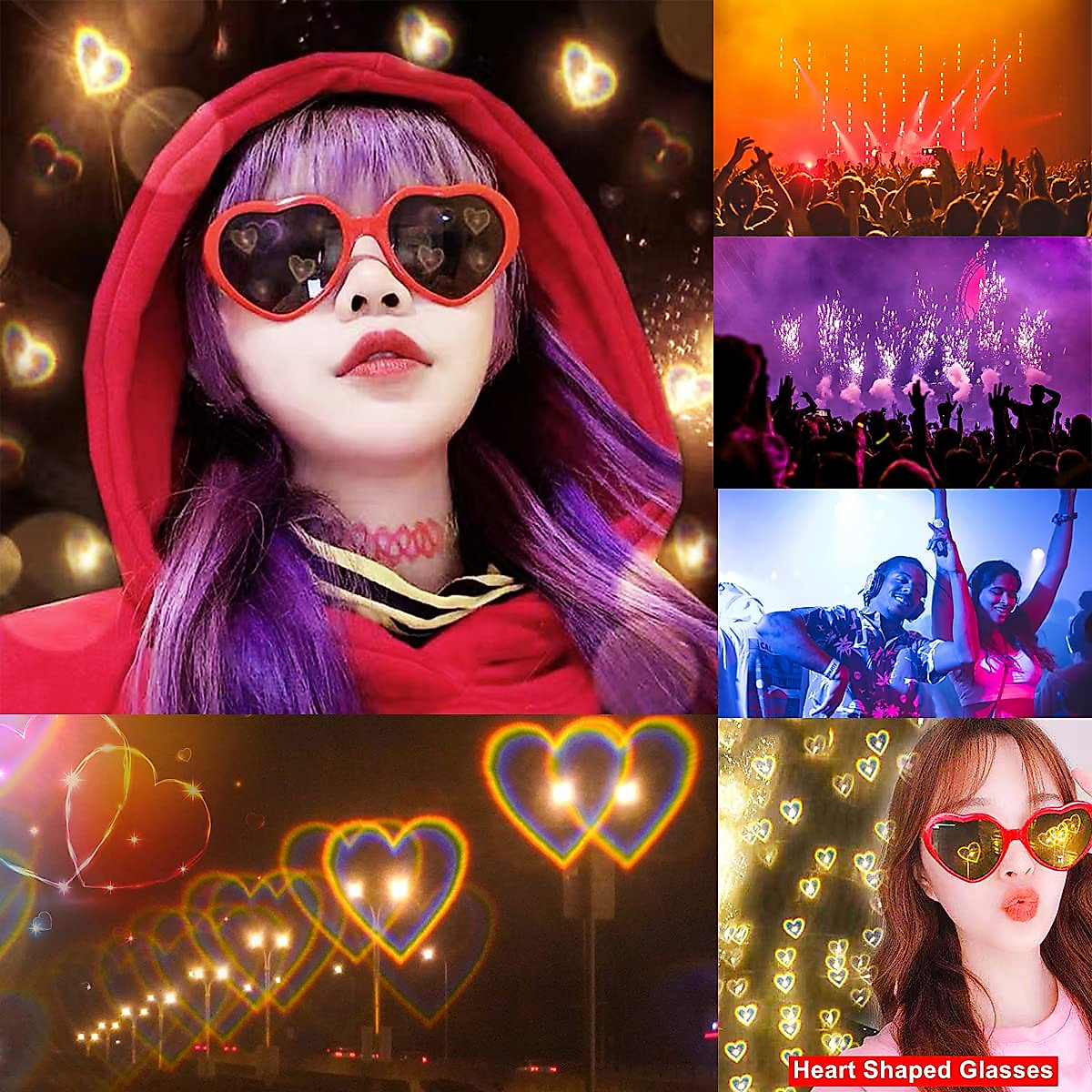 Dollger Heart Sunglasses Heart Effect Diffraction Glasses Festival Accessories Party Rave Lights Glasses Love Gift UV400 Protection
