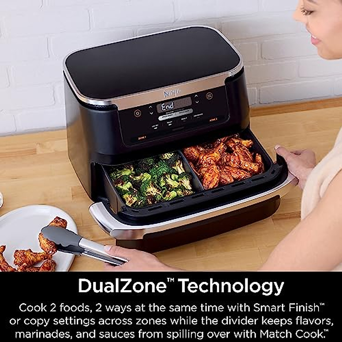 Ninja DZ071 Foodi 6-in-1 DualZone FlexBasket Air Fryer with 7-QT MegaZone & Basket Divider, Large Proteins & Full Meals, Smart Finish Cook 2 Foods 2 Ways, Large Capacity, Air Fry, Bake & More, Black