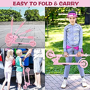 Scooter for Kids Ages 3-12 - Kids Kick Scooters with Led Light Up Wheels & 3 Levels Adjustable Handlebar, Lightweight Foldable 2 Wheel Girly Pink Scooter, Christmas Birthday Gifts for Girls Boys.