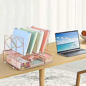 Spacrea Rose Gold Desk Organizers - File Organizer Desk Accessories with Vertical File Folder Holders & Sliding Drawer, Office Supplies for Workspace College Dorm Home(Binder Clips Included)