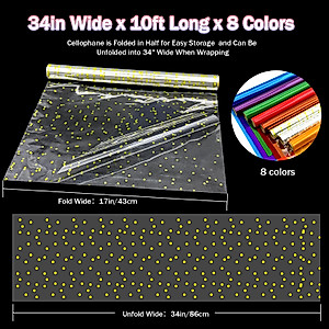 Cellophane Wrap for Gift Baskets, 34" X 10' Extra Large Transparent Colored Cellophane Wrap Roll 8 Colors, Cellophane Paper for Gift,Treat,Cookie,Flowers Bouquet,Florist,Floral,Candy Leis,Diy Crafts