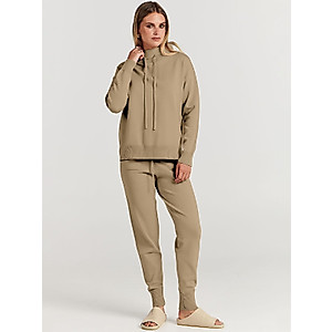 ANRABESS Women Two Piece Outfits Turtleneck Pullover Top Cozy Knit Sweater Pants Lounge Set 2024 Fall Sweatsuit Sweatsuits Khaki Medium