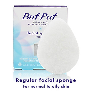 Buf-Puf Regular Facial Sponge, Dermatologist Developed, Removes Deep Down Dirt & Makeup that Causes Breakouts and Blackheads, Reusable, Exfoliating, White, 1 Count