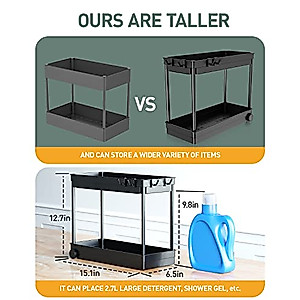 Under Sink Organizer, 2 Tier Under Bathroom Cabinet Storage, Pull Out Under Sink Storage Rack, Under Cabinet Organizer and Storage with Hooks, Multi-purpose Shelf Organizer for Bathroom/Kitchen