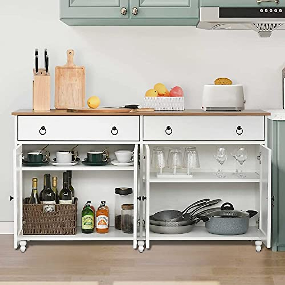 4 EVER WINNER Sideboard Buffet Cabinet with Storage, 55" Kitchen Buffet Storage Cabinet with 2 Drawers and 4 Doors, Retro Coffee Bar Cabinet Wood Buffet Table Dining Room Cabinet, White
