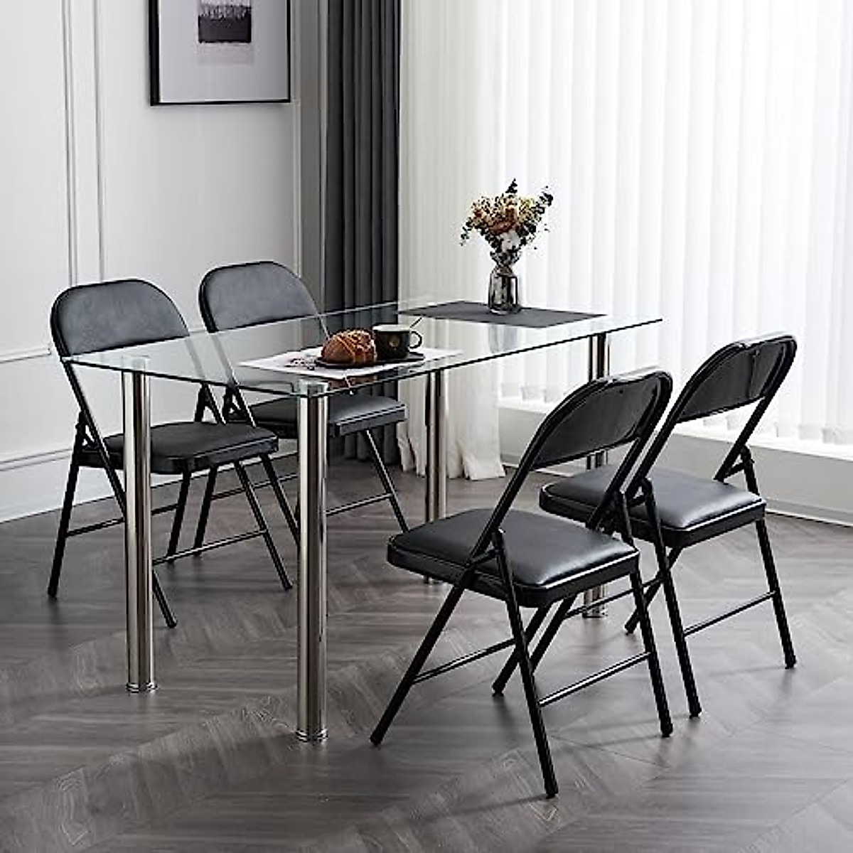 Nazhura 4 Pack Folding Chairs with Padded Cushion and Back, Khaki Metal Chairs with Comfortable Cushion and Durable Steel Frame for Home and Office, for Indoor and Outdoor Events (Black, 4 Pack)