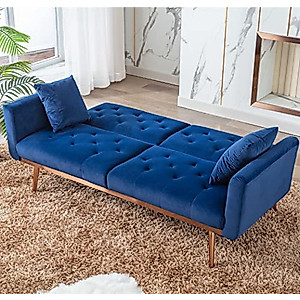 HBHM Velvet Accent Sofa, Loveseat Mid Century Modern Velvet Fabric Couch, Convertible Futon Sofa Bed, Recliner Couch Accent Sofa Loveseat Sofa with Gold Metal Feet (Blue, OneSize)