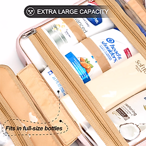 Travel Hanging Toiletry Bag for Women, Extra Large Makeup Bag, Holds Full-Size Shampoo, with Jewelry Organizer Compartment, Waterproof Cosmetic Bag, Toiletries Kit Set with Trolley Belt, Baby Pink