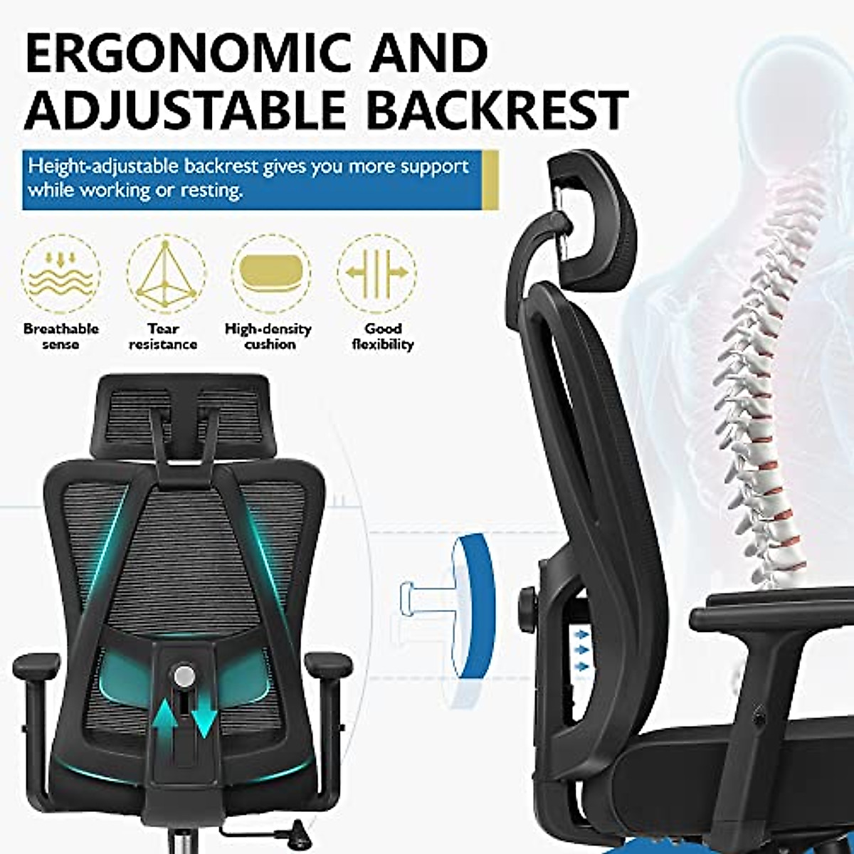 Primy Ergonomic Office Chair,High Back Desk Chair with Adjustable Headrest with 2D Arms,Lumbar Support and PU Wheels,Big and Tall Office Chair for Home and Office,Tilt Function Computer Chair (18-H)