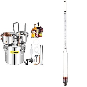 VEVOR Alcohol Still, 13.2Gal / 50L Stainless Steel Water Alcohol Distiller Copper Tube Home Brewing Kit Build-in Thermometer, Silver & Hydrometer - Alcohol, 0-200 Proof and Tralle