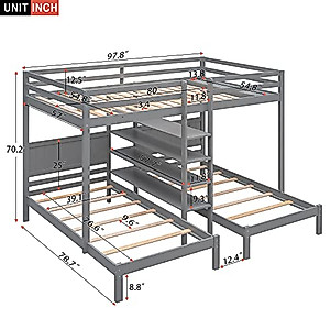 BOVZA Modern Triple Bunk Bed Frame, Twin XL Over Twin&Twin Wooden Bunk Bed with Built-in 4 Shelves and Ladder, Saving Space, Gray