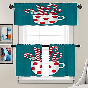Batmerry White Red Christmas Kitchen Valances Half Window Curtain, White Cup with Red Polka Dot Ornament Candy Cane Kitchen Valances for Windows Valance for Decor Reducing The Light 52x18 Inch