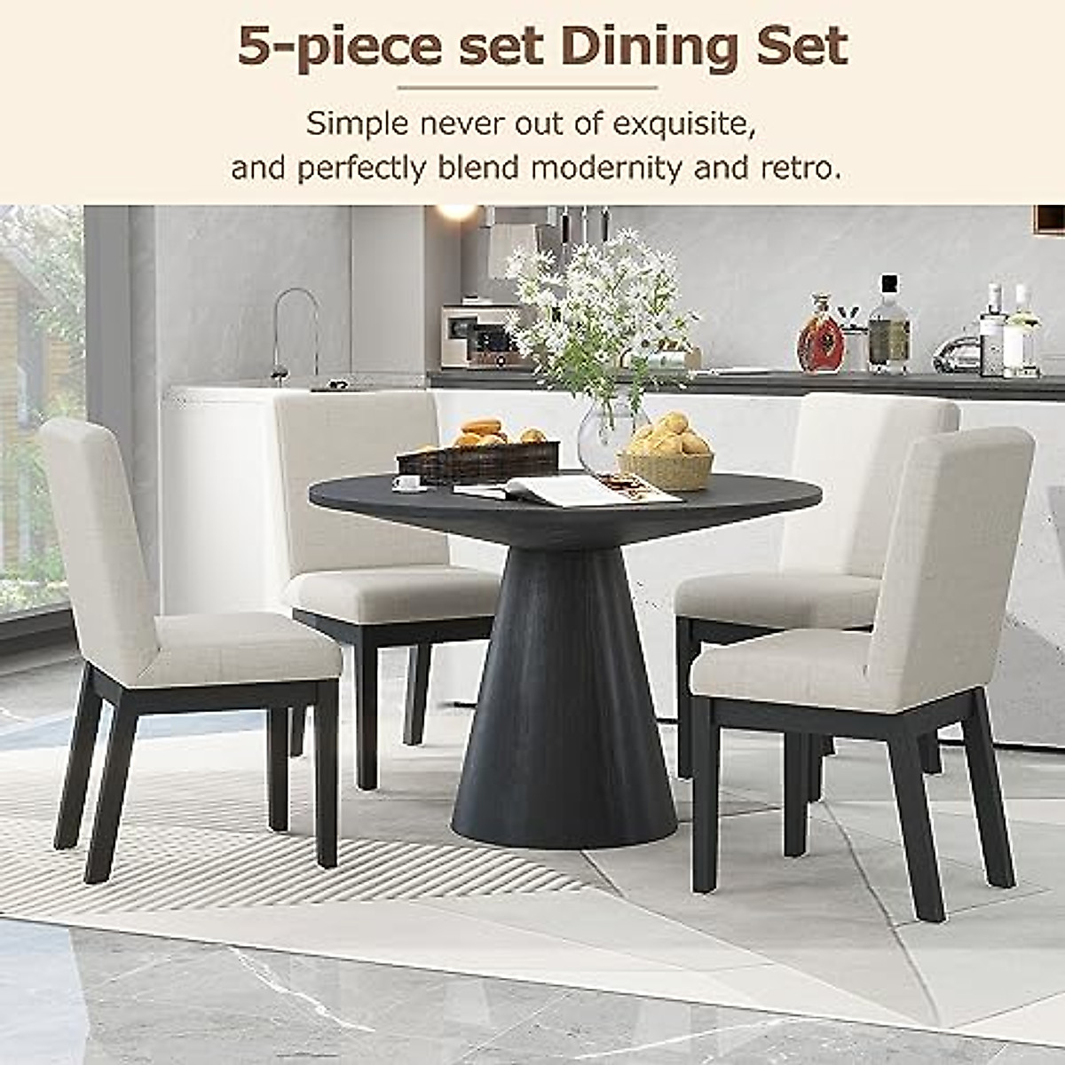 FIQHOME Round Set 5 Piece Retro Style, Wood 4,Kitchen Table and 4 Upholstered Chairs for Living, Dining Room,Black