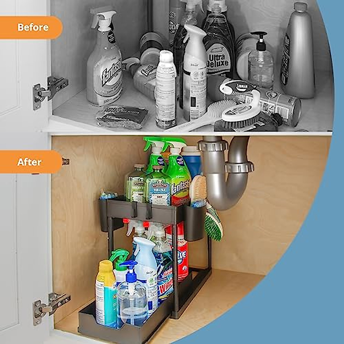 evismo 2-Tier Under Sink Organizer, Bathroom & Kitchen Multipurpose Cabinet Storage, with Pull-out Sliding Drawer, Hooks & Hanging Cups, Adjustable Height, Cabinet Organizer, Black